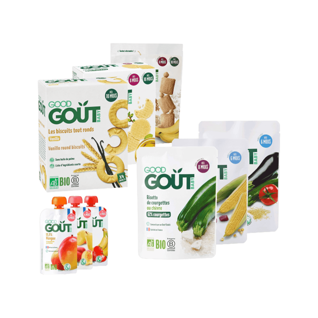 Pack of essential organic fruit pouches, dishes and biscuits for babies ...